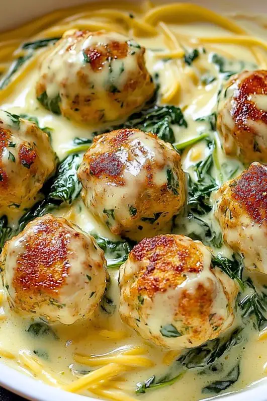 Baked Chicken Meatballs with Spinach Alfredo Sauce Recipe - Cook Craze