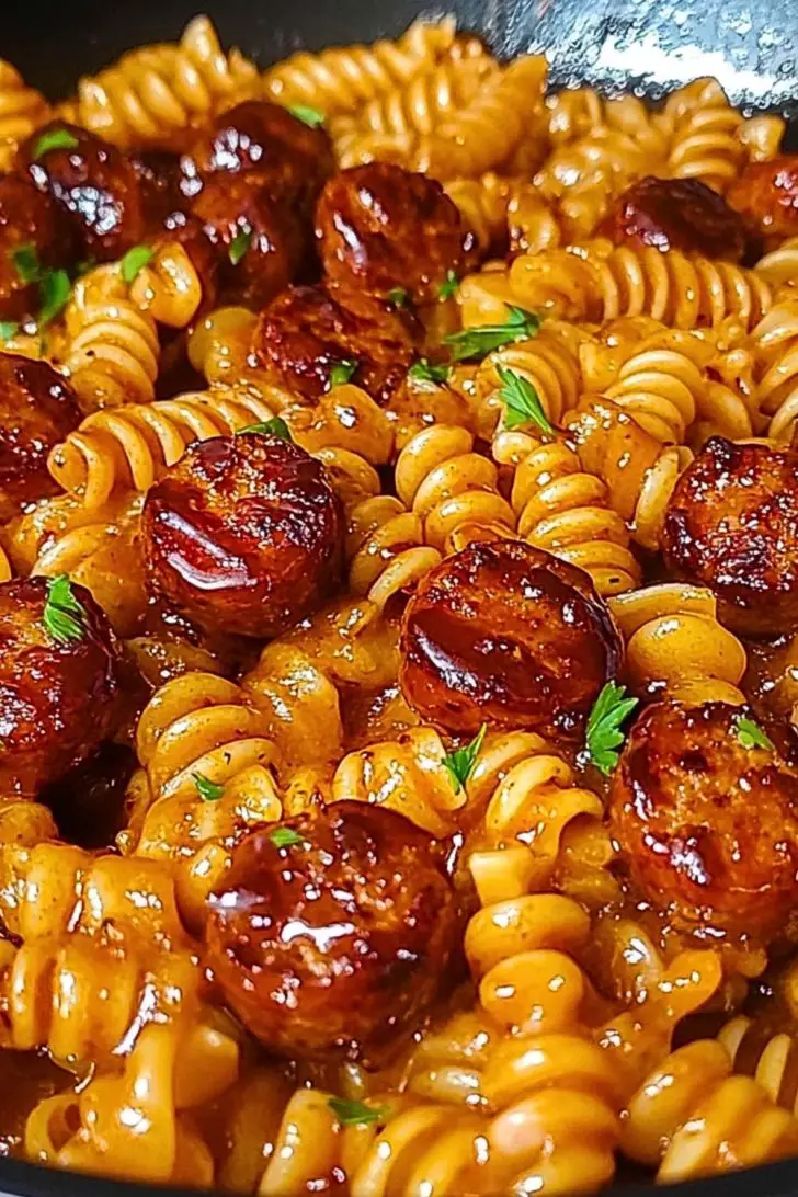 One-Skillet Spicy Honey BBQ Sausage & Pasta - Cook Craze