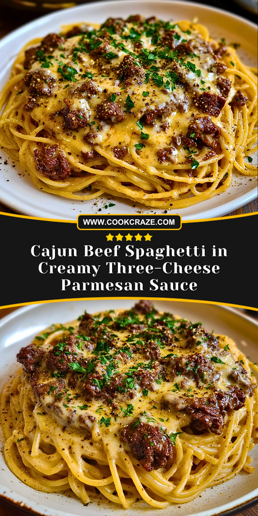 Cajun Beef Spaghetti in Creamy Three-Cheese Parmesan Sauce - Cook Craze