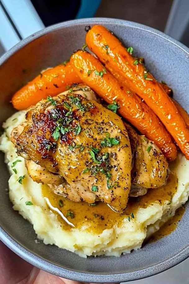 Garlic Herb Chicken with Creamy Mash & Roasted Carrots - Cook Craze