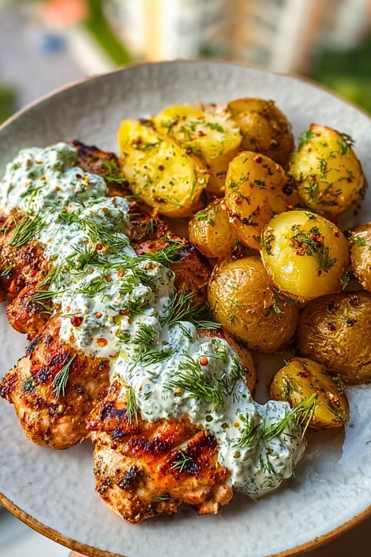 Spicy Yogurt Marinated Chicken with Dill Feta Cream & Crispy Baby ...