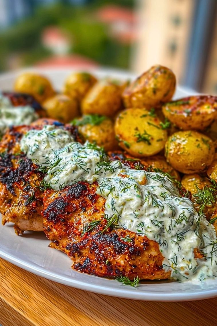 Spicy Yogurt Marinated Chicken with Dill Feta Cream & Crispy Baby ...