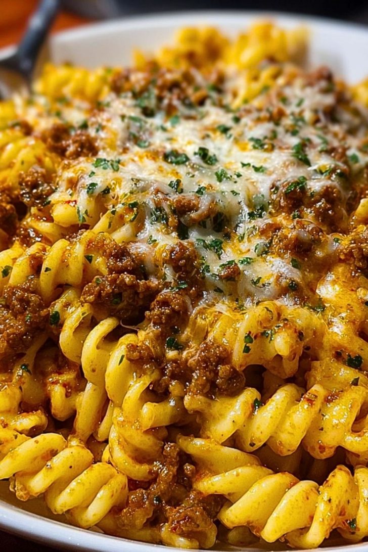 Cheesy Garlic Twisted Pasta with Cajun Ground Beef and Alfredo Velveeta ...