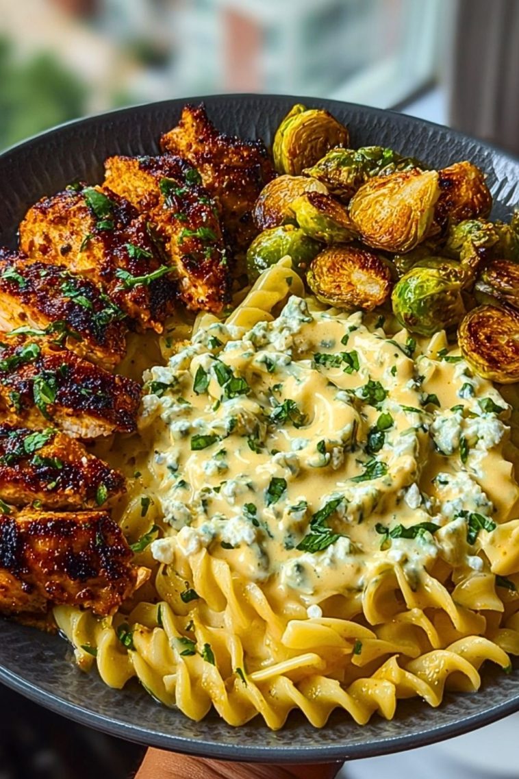 Hot Honey Cajun Chicken Alfredo with Basil Feta Swirl & Crispy Brussels ...