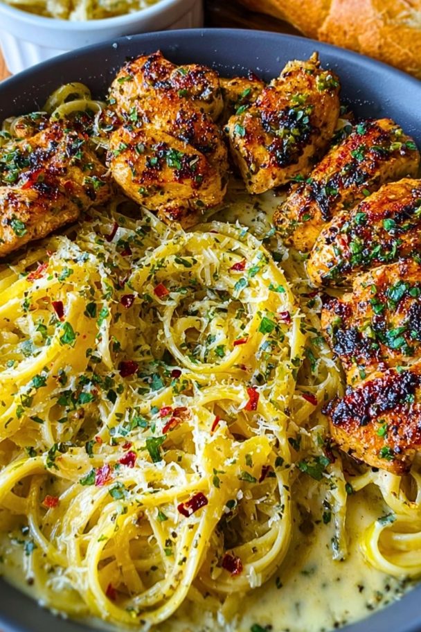 Golden Garlic Butter Chicken with Creamy Parmesan Linguine - Cook Craze
