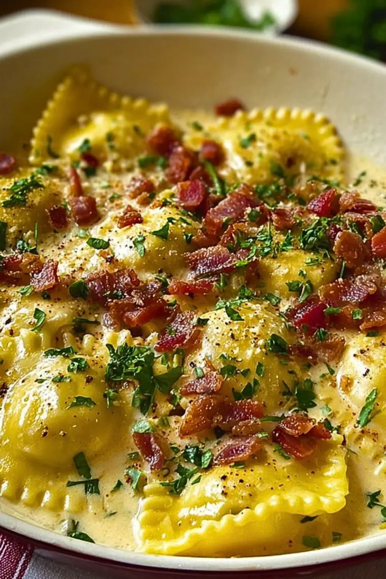 Easy Olive Garden-Inspired Ravioli Carbonara - Cook Craze